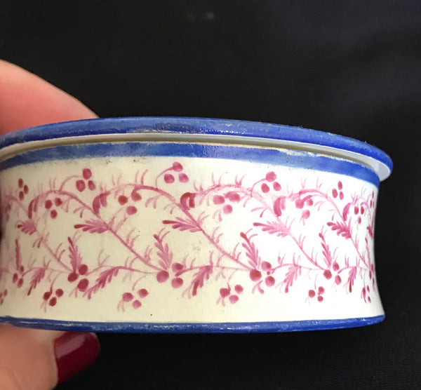 English Painted Pearlware Round Screw Top Box. | Jill Fenichell, Inc.